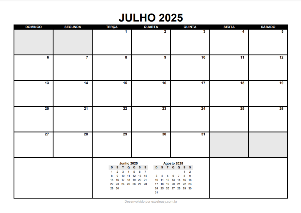 Calendário 2025 Para Imprimir | Baixe Grátis - Excel Easy